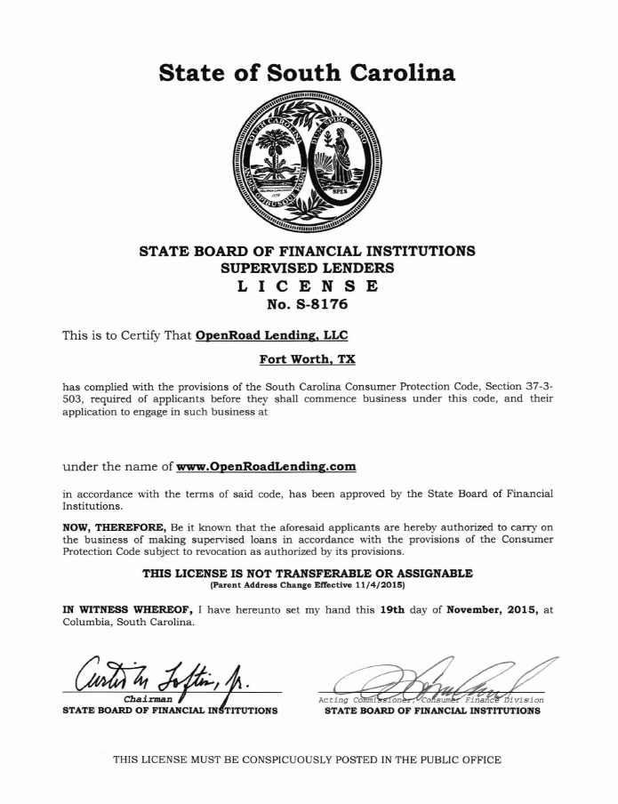 SC License - OpenRoad Lending