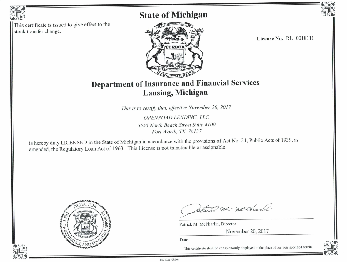 MI LIcense - OpenRoad Lending